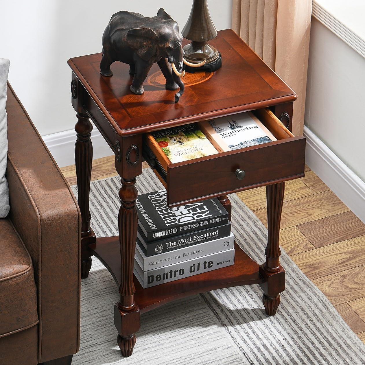 MODERION Solid Wood Side Table with Drawer and Storage Shelf ...