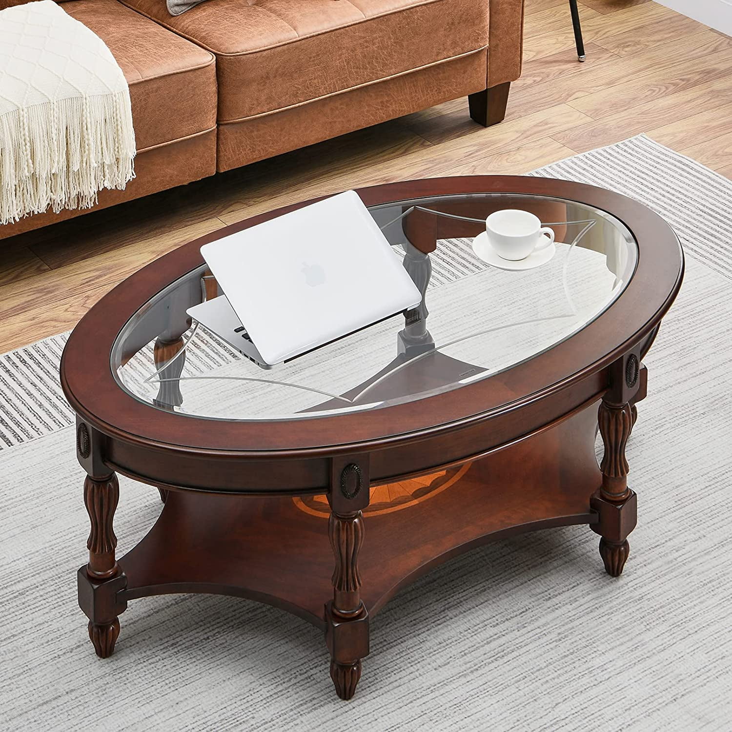 MODERION Traditional Coffee Table with Tempered Glass Top and Shelf, Farmhouse Living Room Solid ...