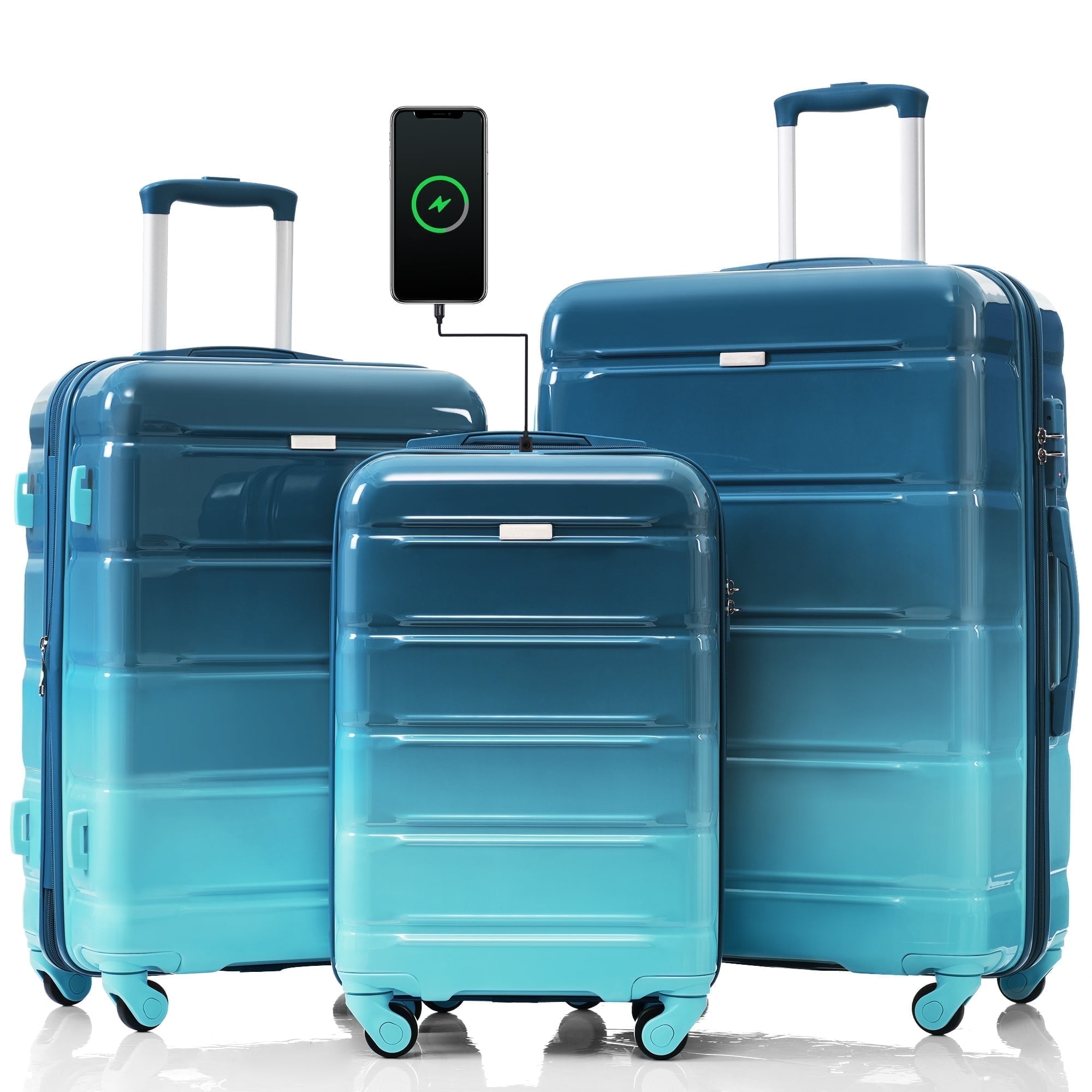 MODERNLUXE 3 Piece ABS+PC Hardside Luggage Set with USB Charging Port, TSA Lock, Hardshell ...