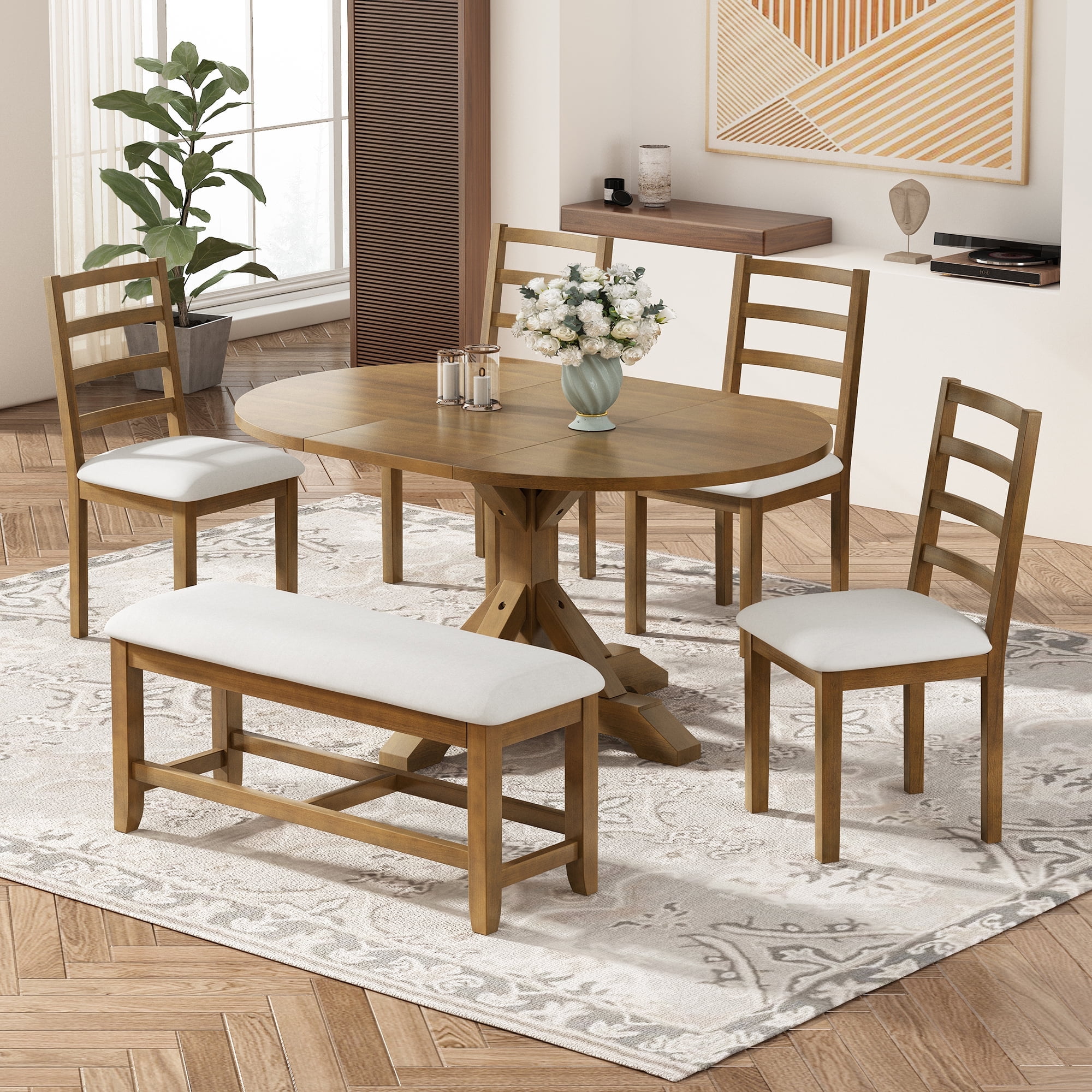MODERNLUXE Farmhouse 6-Piece 60" Extendable Pedestal Dining Table Set ...