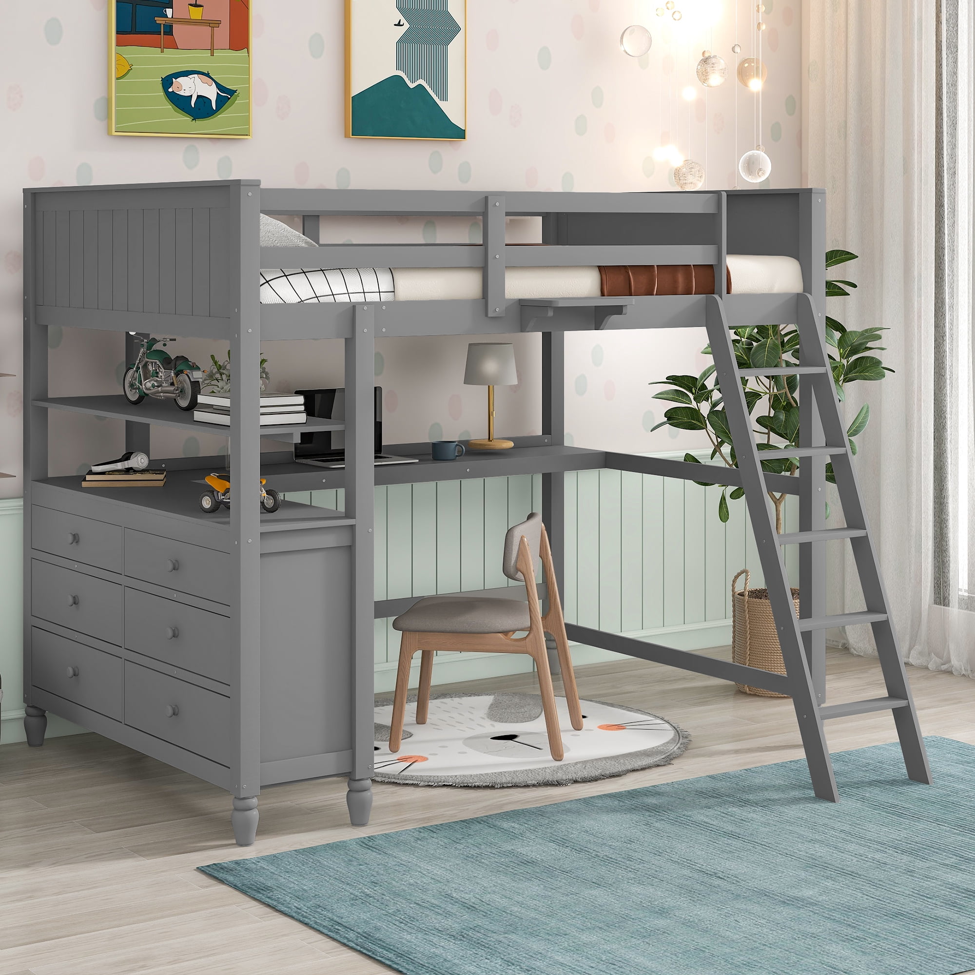MODERNLUXE Full Size Loft Bed with L-Shaped Desk,Solid Wood Full Bed ...