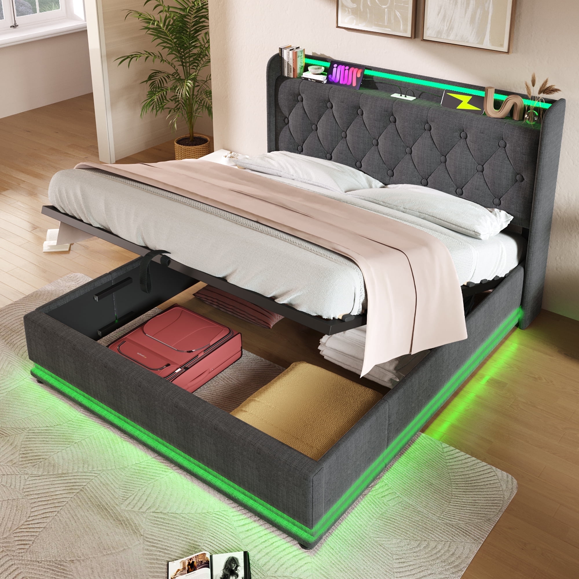 MODERNLUXE Full Size Upholstered Bed with 360 Surround LED Lights ...