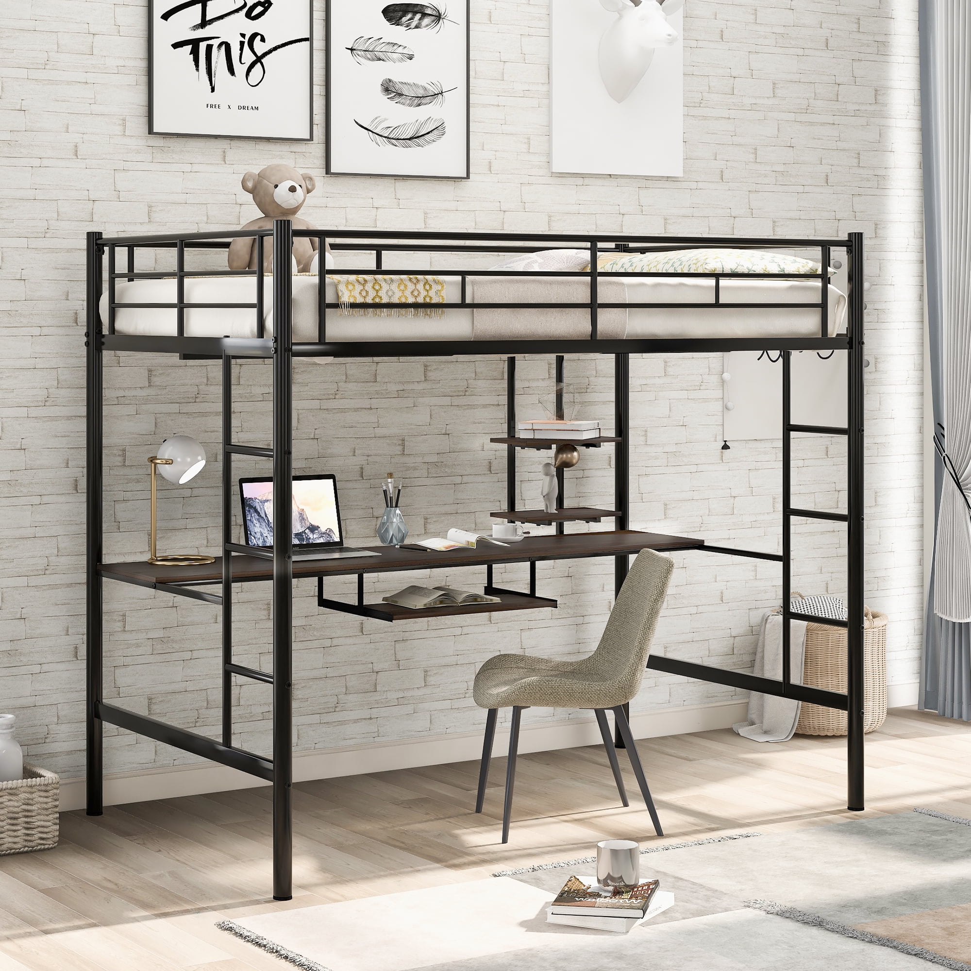 MODERNLUXE Loft Bed with Desk and Keyboard Tray, Metal Storage Shelf ...