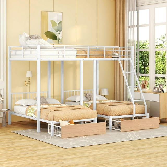 MODERNLUXE Metal Full Over Twin & Twin Triple Bunk Bed with Wood Drawers,Metal Triple Bunk Bed ...