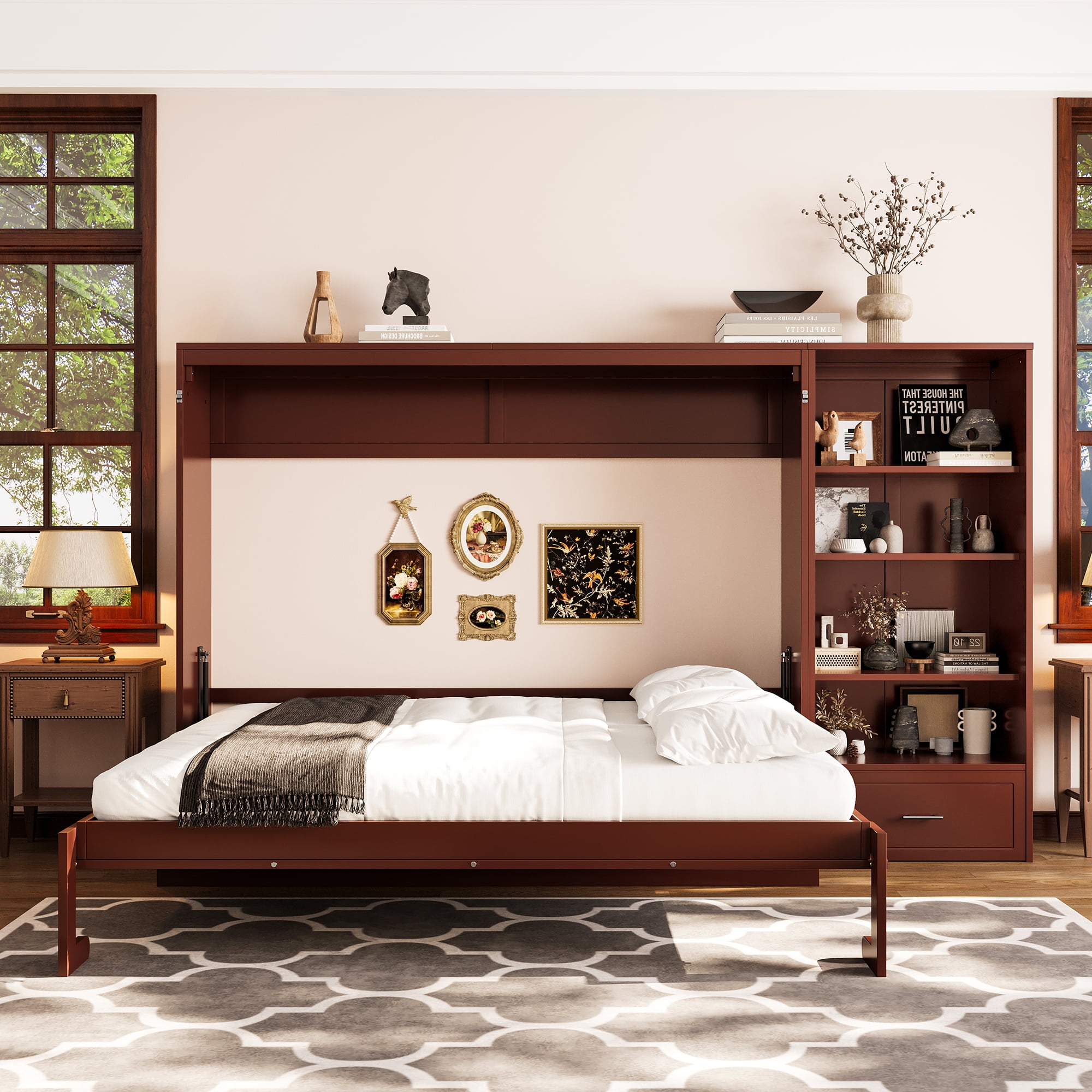 MODERNLUXE Queen Size Murphy Bed with 5-Tier Adjustable Storage Shelves ...