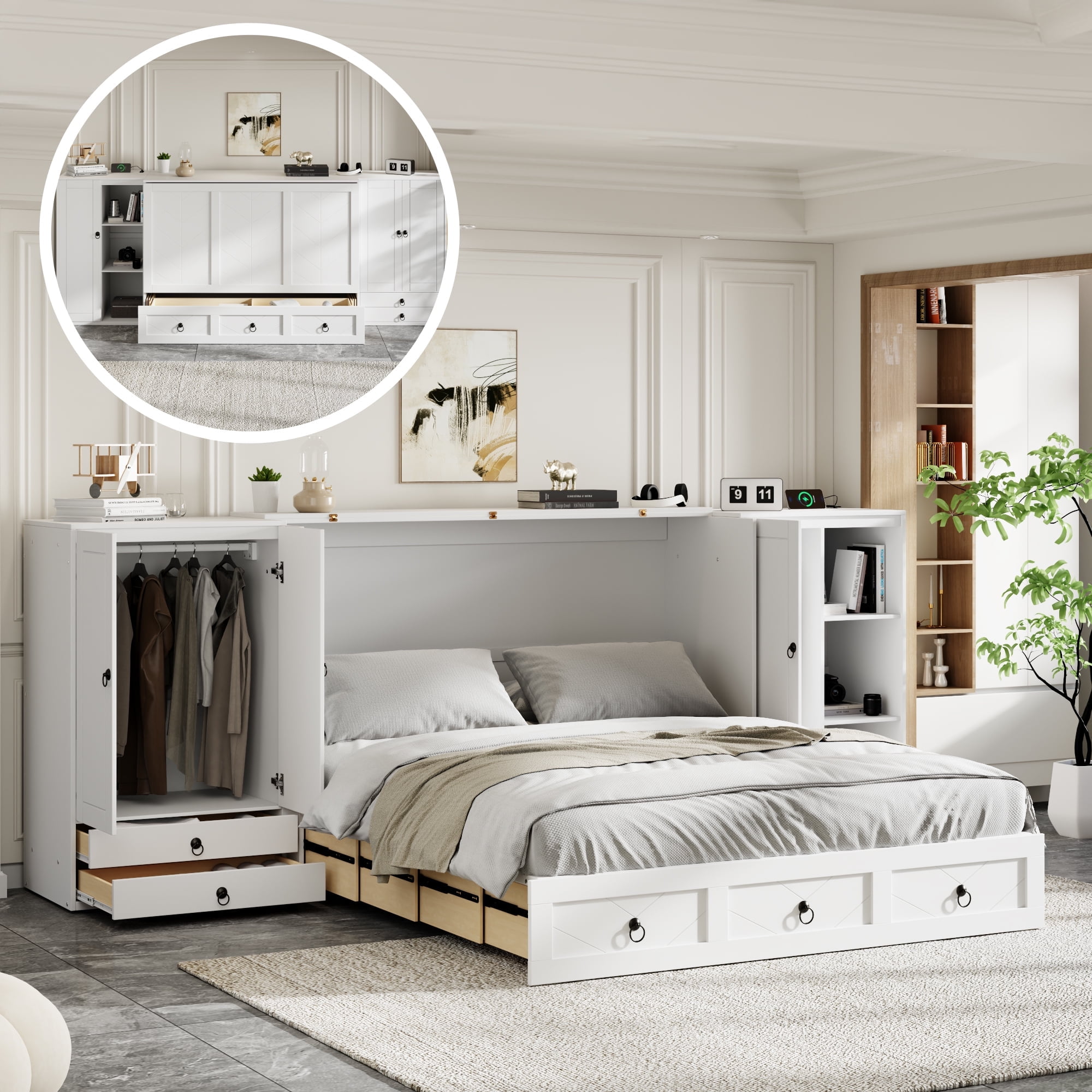 MODERNLUXE Queen Size Murphy Bed with Charging Station & 4 Drawers,112. ...