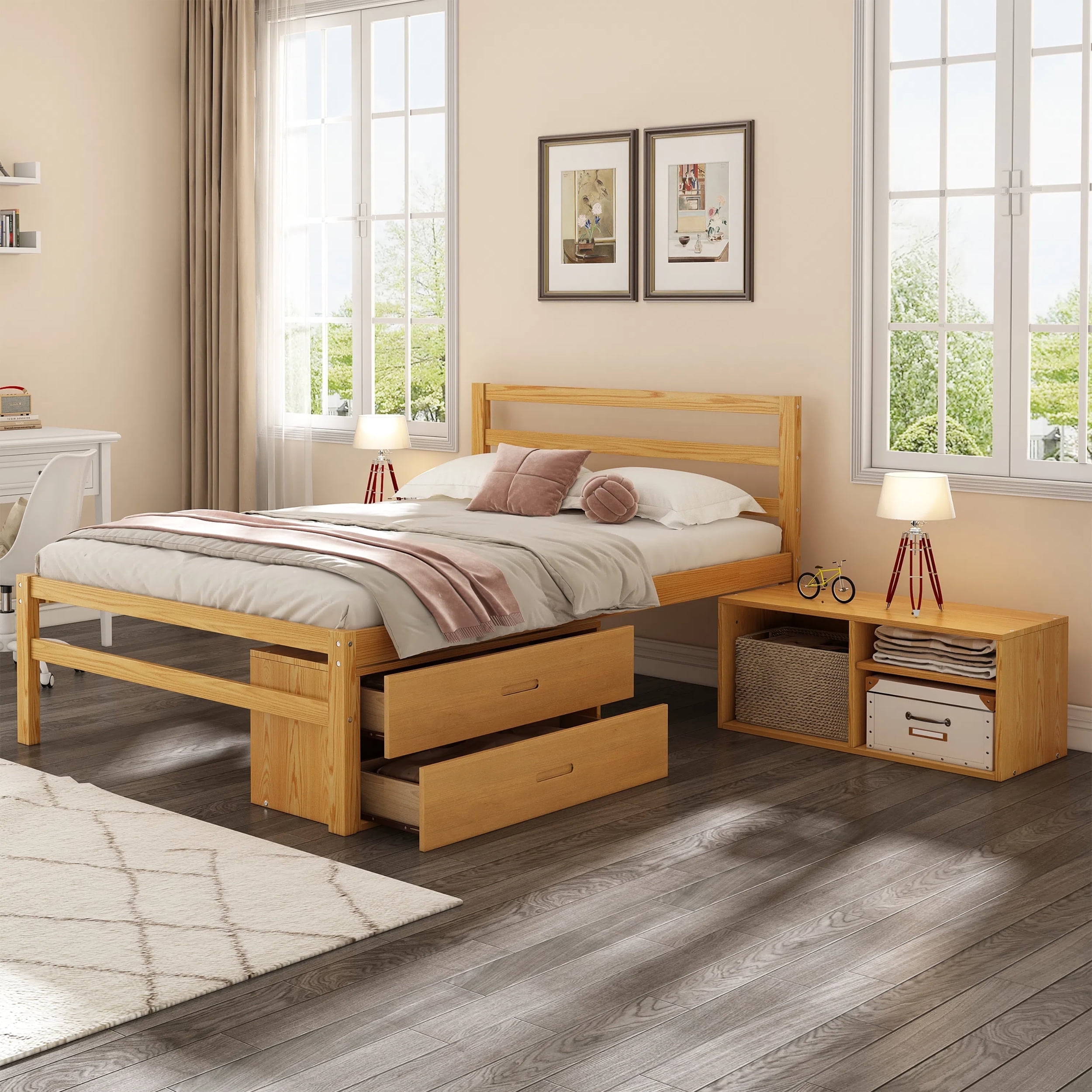MODERNLUXE Solid Wood Full Size Platform Bed,Platform Bed Frame Removable Storage Shelves,and 2 ...