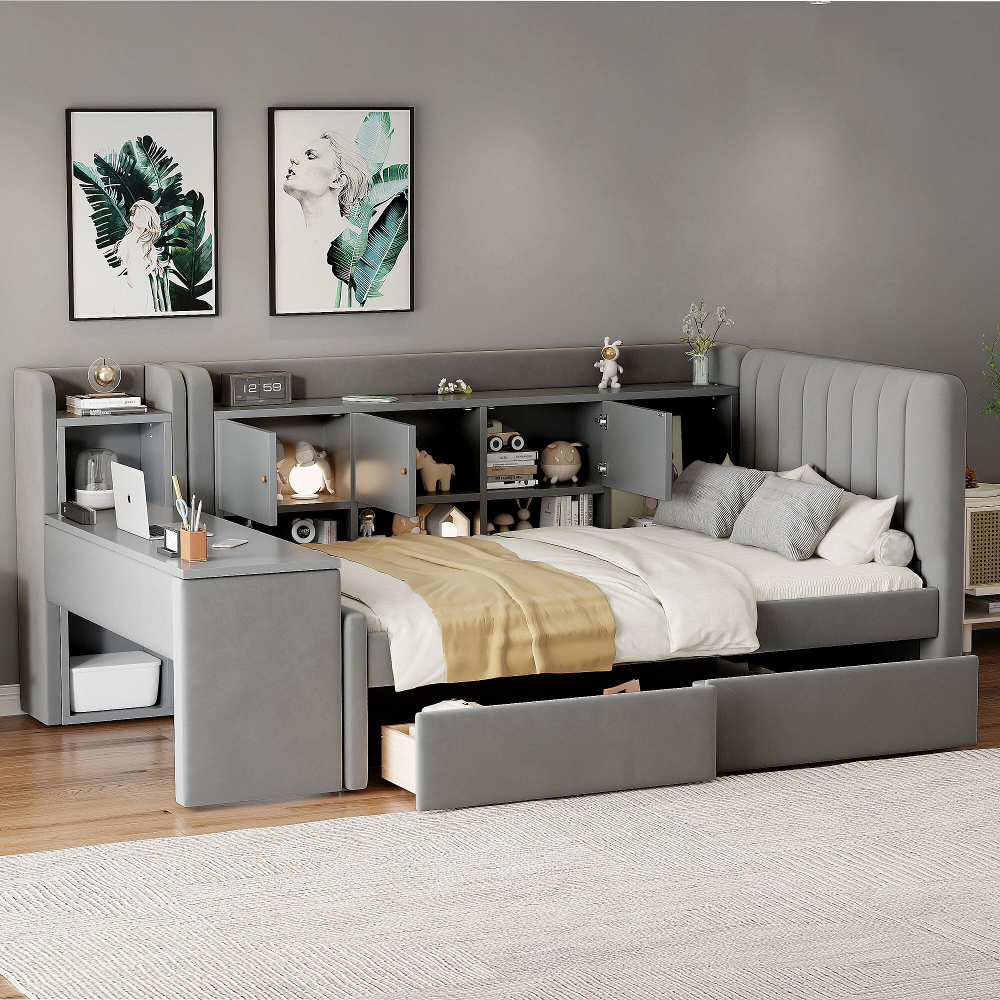 MODERNLUXE Twin Size Daybed with 2 Drawers, L-Shaped Platform Bed Frame with Storage Shelves ...