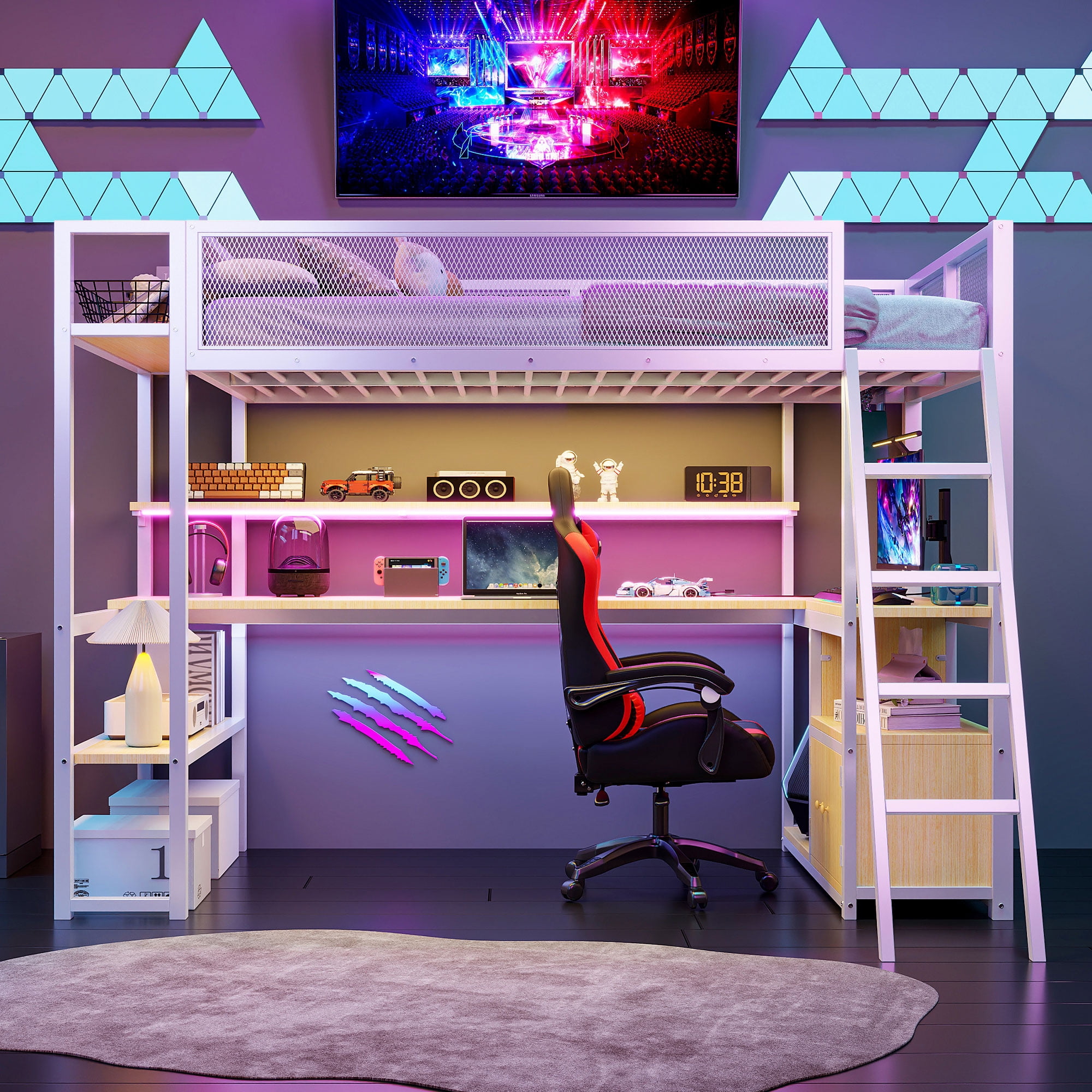 MODERNLUXE Twin Size Loft Bed with Desk and Shelves, Metal Gaming Bed ...
