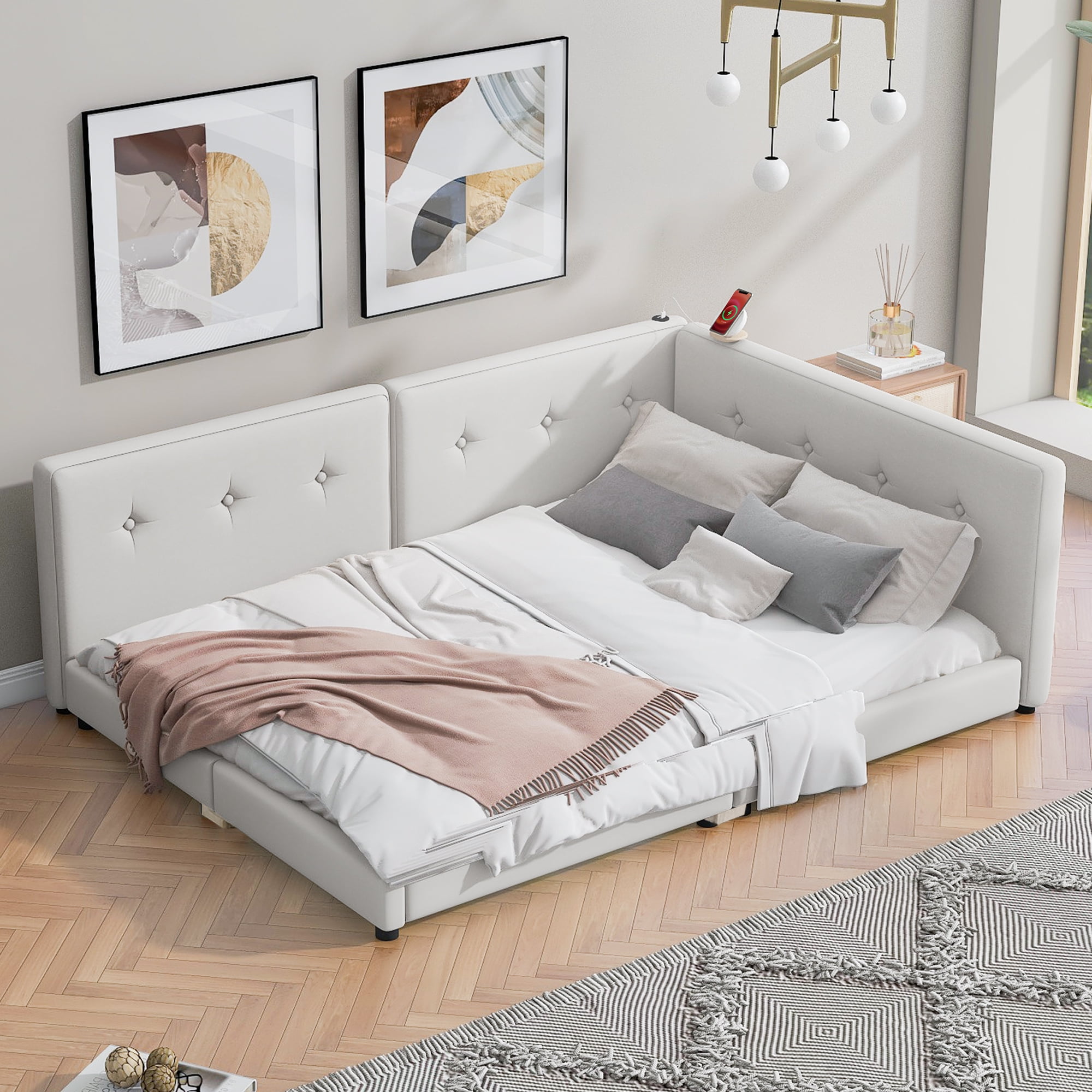 MODERNLUXE Upholstered Full Size Daybed, Floor Sofa Bed with USB Ports ...