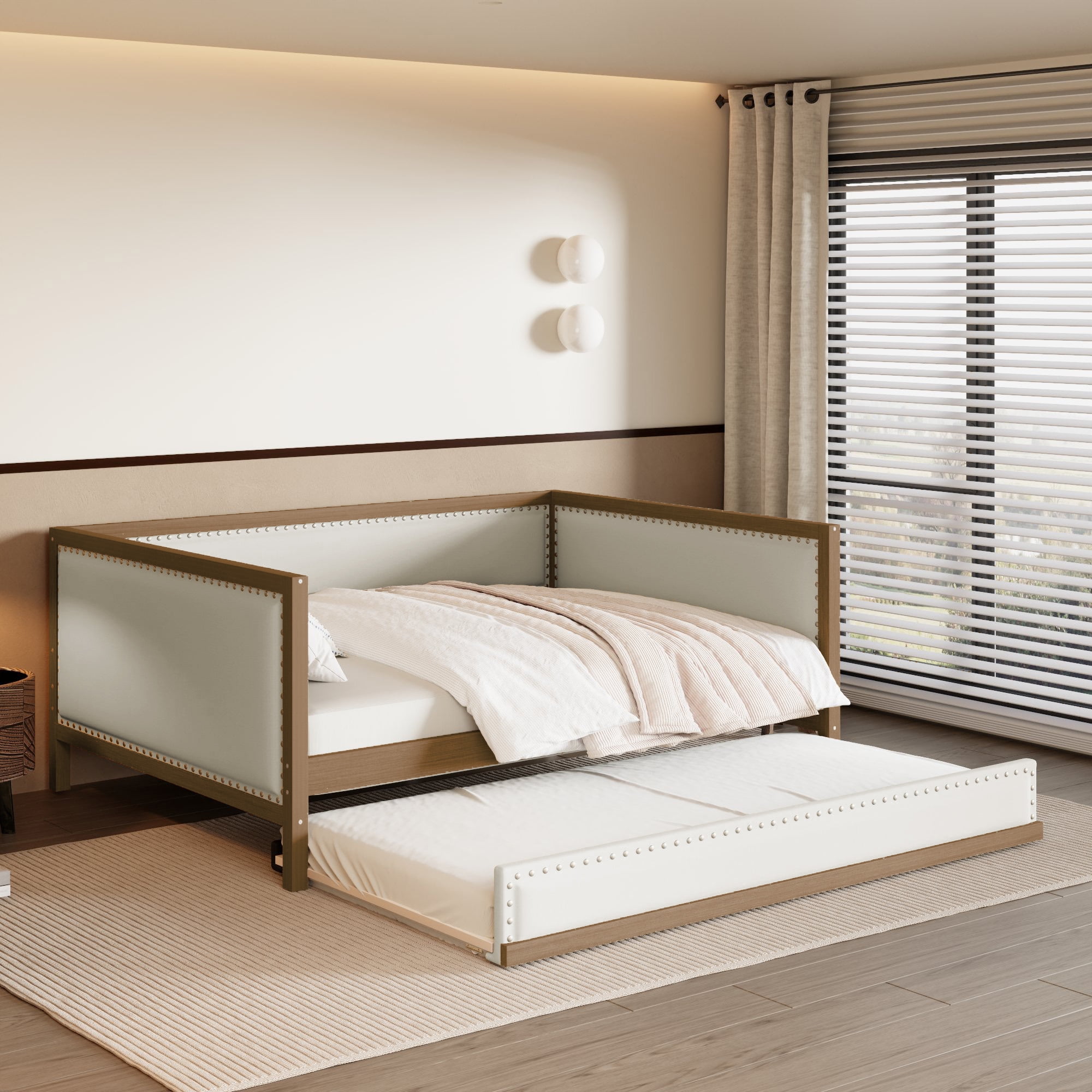 MODERNLUXE Upholstered Full Size Daybed with Trundle for Bedroom, Wood ...