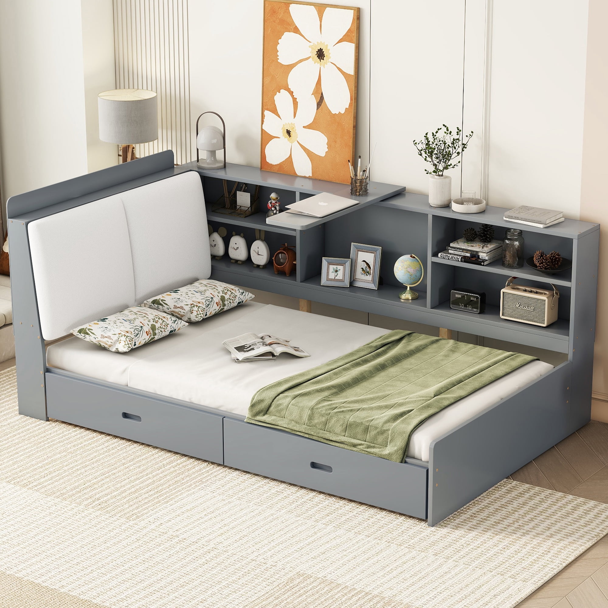 MODERNLUXE Wood Twin Size Platform Bed with Drawers and Shelves ...