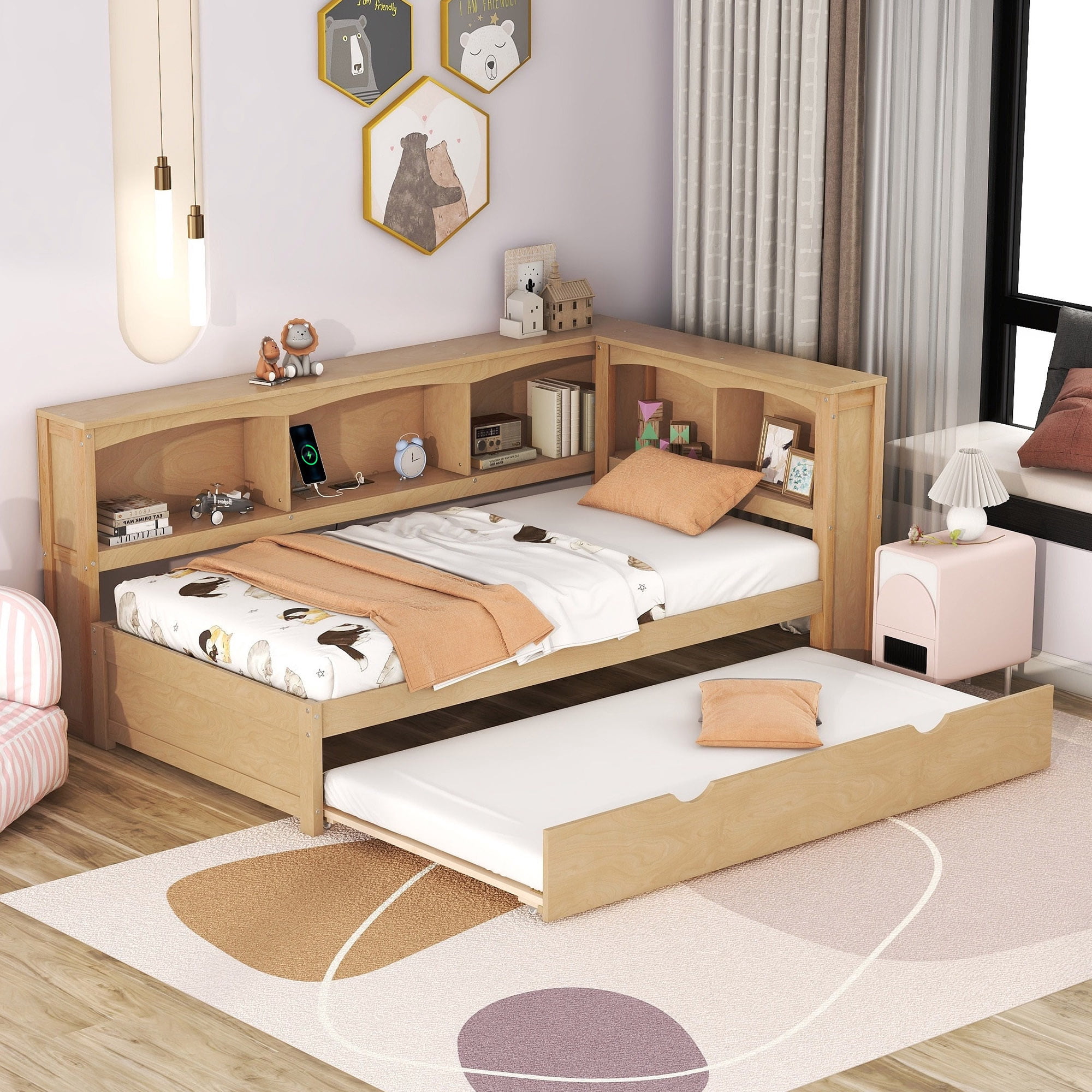 MODERNLUXE Wood Twin Size Platform Bed with Trundle, Storage Daybed ...
