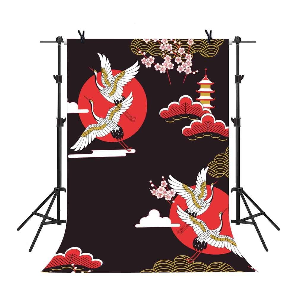 MOHome 5x7Ft Black Red Background Red-crowned Crane Japanese Backdrop ...