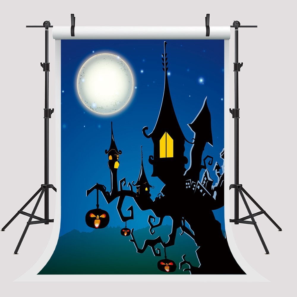 MOHome 5x7ft Blue Halloween Photo Backdrops Pumpkin Castle Moon Night ...