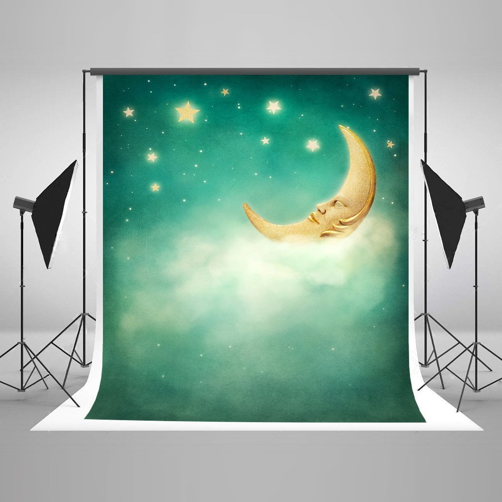 MOHome 5x7ft Cartoon Photography Backdrop Intracloud Moon Nigh Green ...