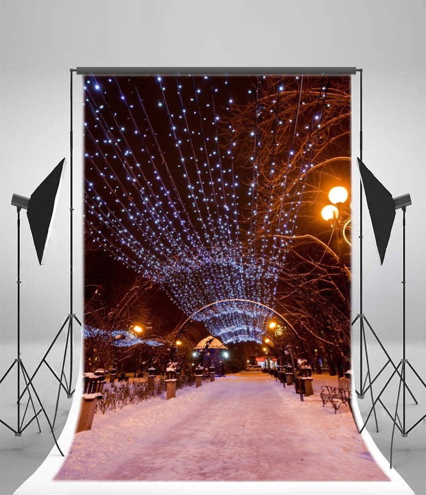 MOHome 5x7ft Christmas Backdrop Shining Lights Heavy Snow Road Lamp Old ...