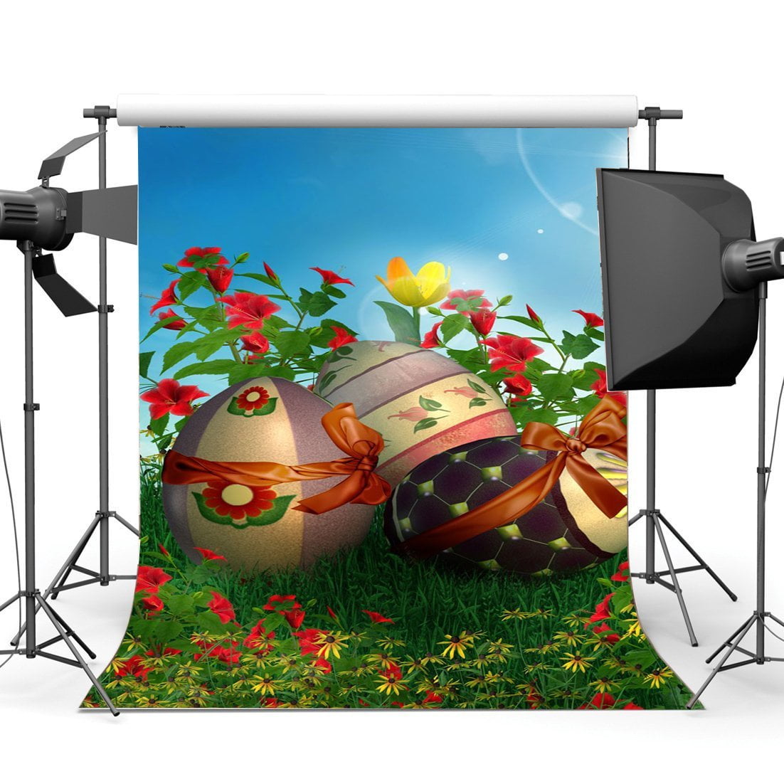 MOHome 5x7ft Easter Backdrop Colorful Eggs Ribbon Fresh Flowers Green ...