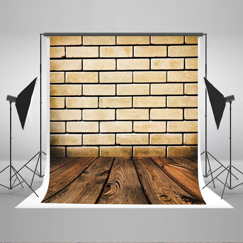 MOHome 5x7ft Golden Brick Wall Background Brown Wooden Floor ...