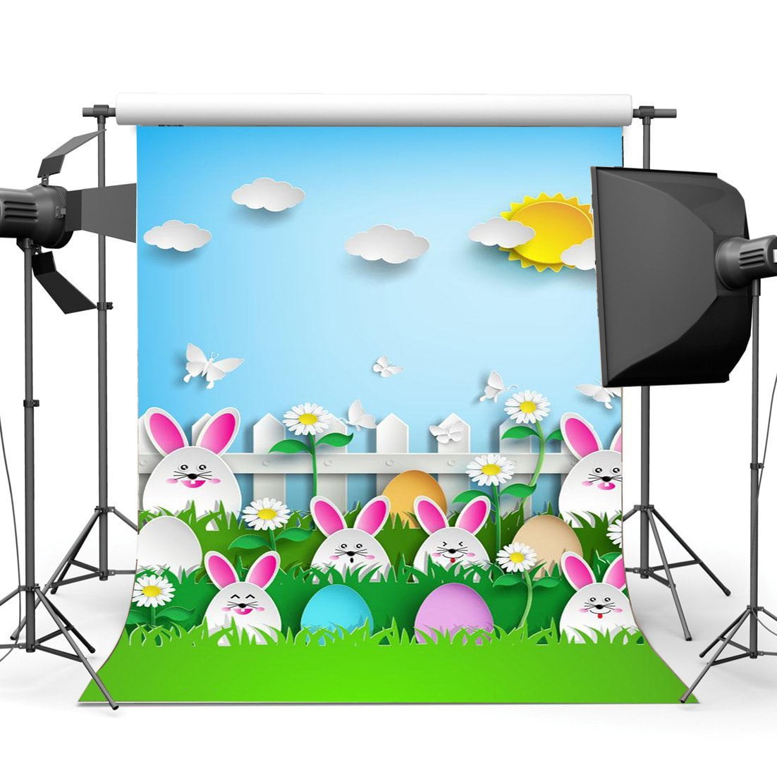 MOHome 5x7ft Happy Easter Bunny Backdrop Eggs Grass Meadow Butterfly ...