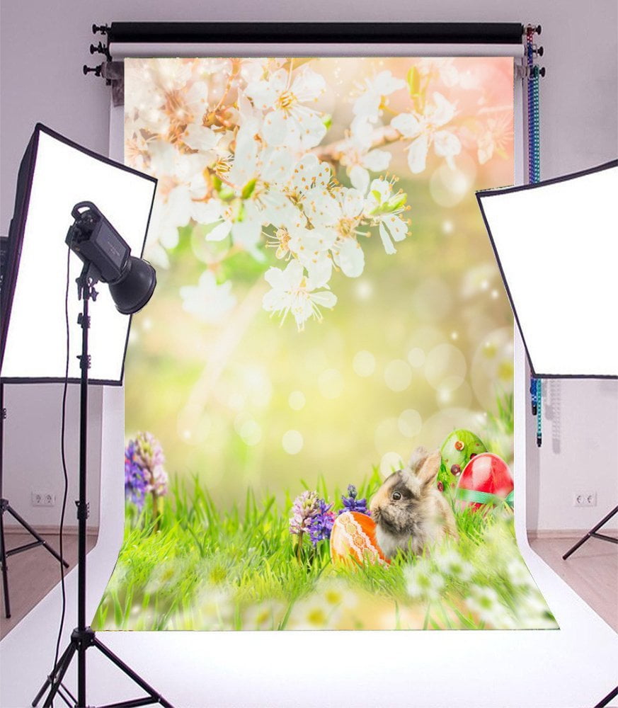 Mohome 5x7ft Photography Backdrop Happy Easter Eggs Cute Rabbit Peach
