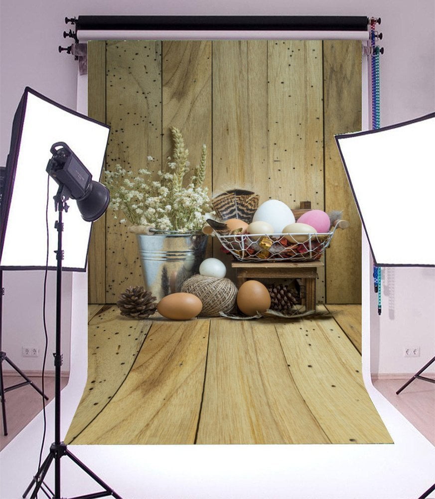 MOHome 5x7ft Photography Backdrop Happy Easter Eggs Fresh Flowers Pine Cone Metal Bucket Rustic ...
