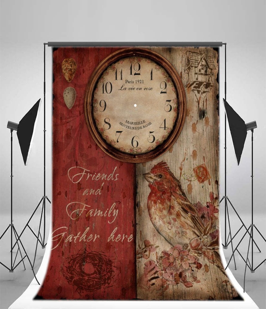 MOHome 5x7ft Photography Backdrop Vintage Clock Paster Flowers Wood ...