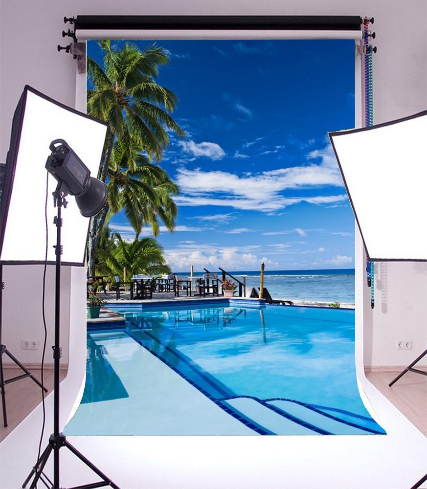 MOHome 5x7ft Photography Background Printed Seaside Swimming Pool Plam ...