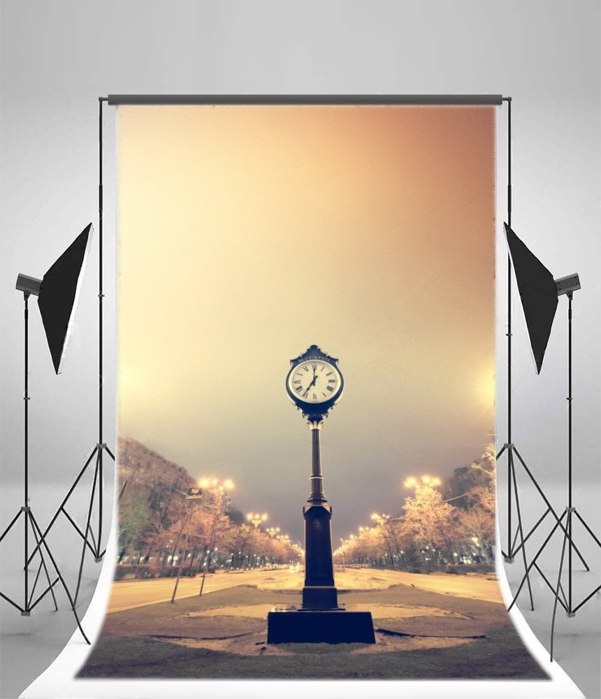 MOHome 5x7ft Vintage Clock Backdrop Winter Shining Lights Road Lamps ...