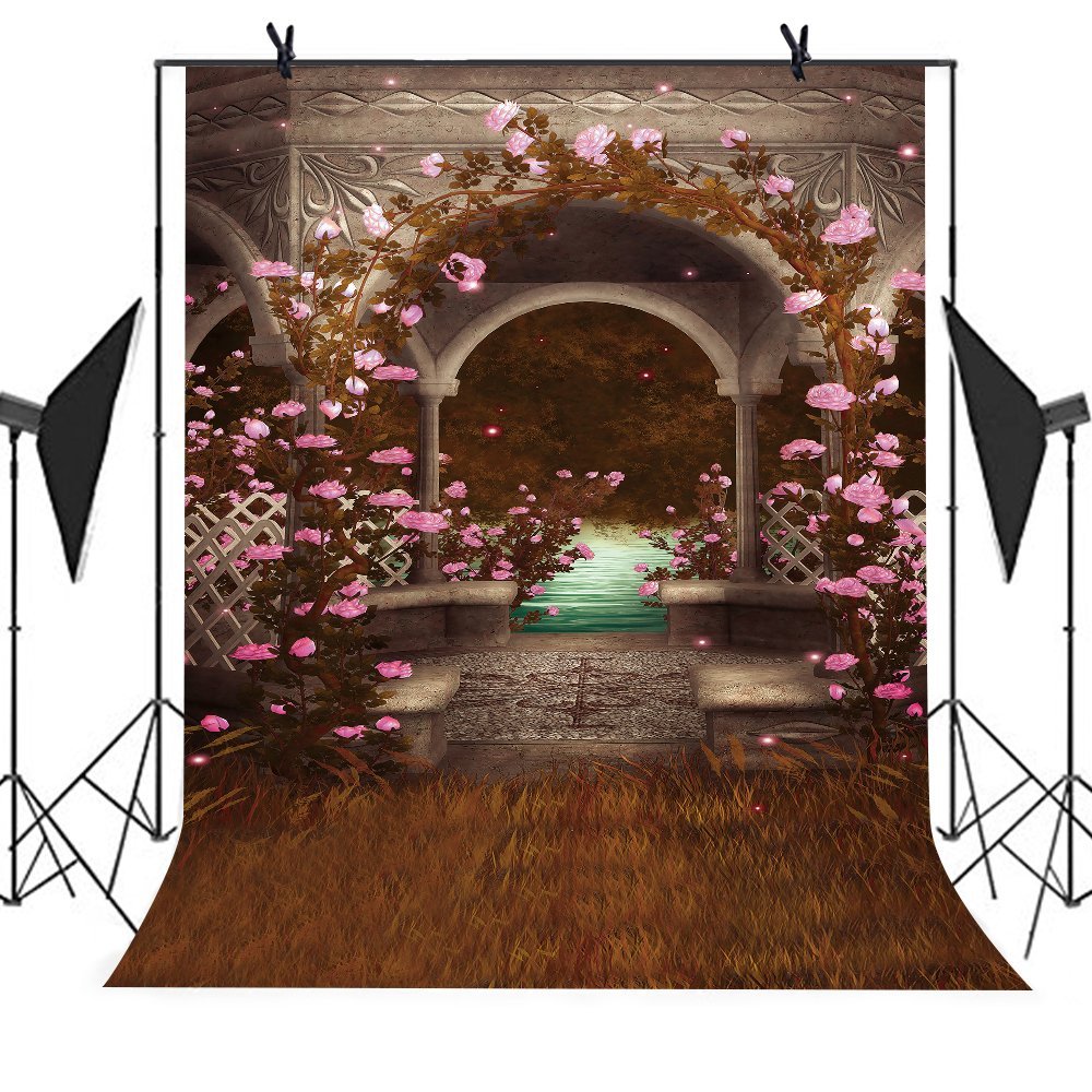 MOHome 5x7ft Vintage Landscape Backdrop Yellow Meadow Red Flowers ...