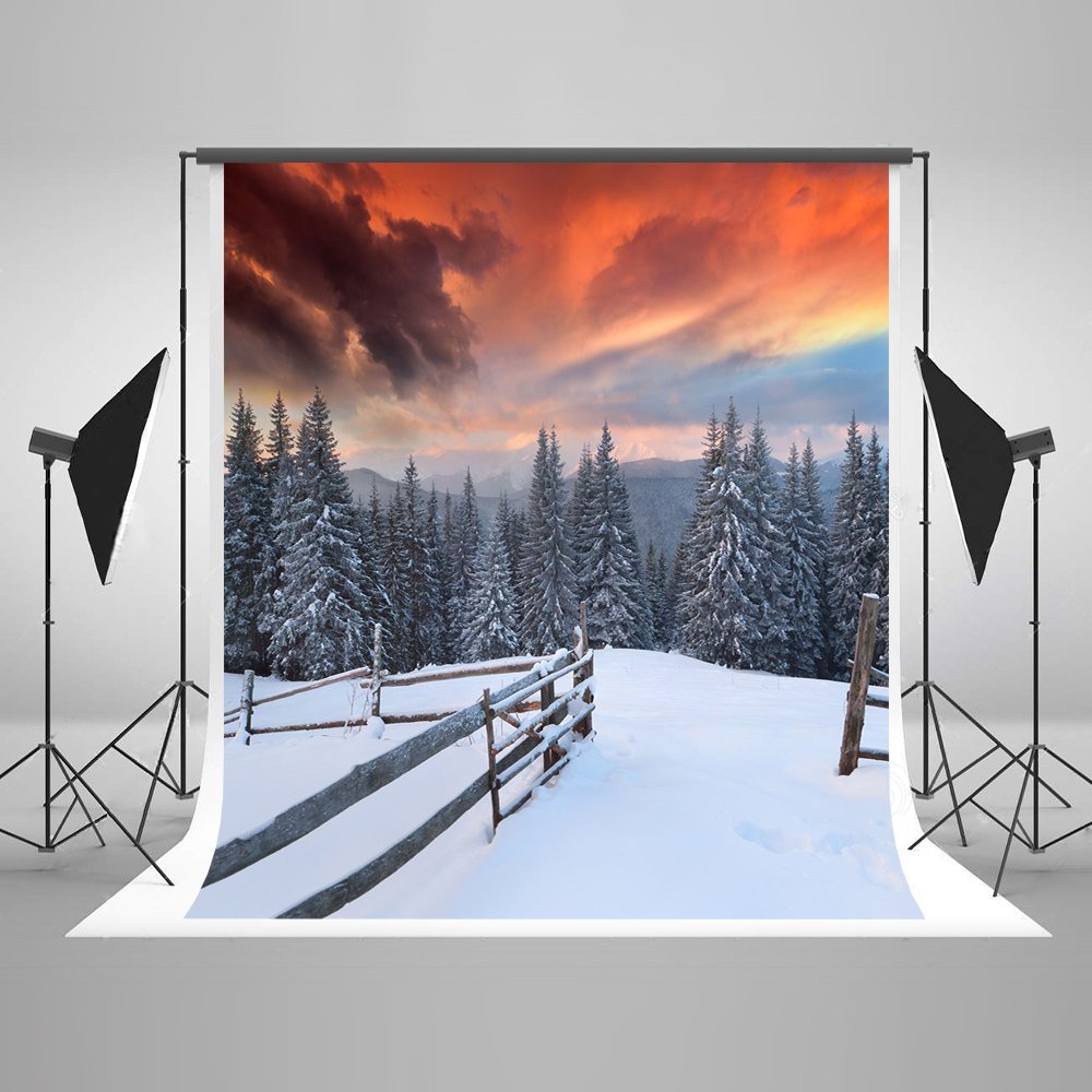 MOHome 5x7ft Warm Red Sky Cloud Snow Tree Ground Backdrop Studio ...