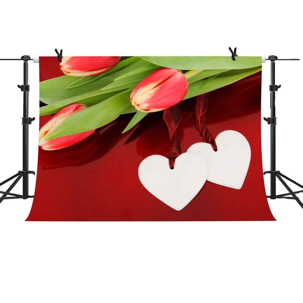MOHome 7x5Ft Red Tulips Backdrop Double Heart Flower Love Wedding Party ...