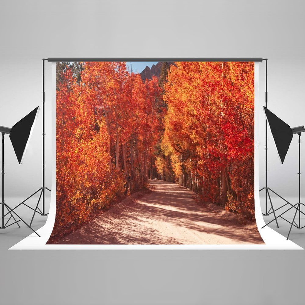 MOHome 7x5ft Autumn Photography Backdrops Red Leaves with Cement Road ...