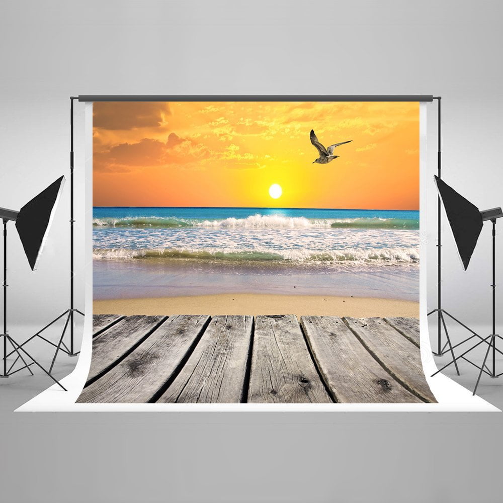 MOHome 7x5ft Backdrop Wood Floor Background Beach Sunset Wave Booth ...