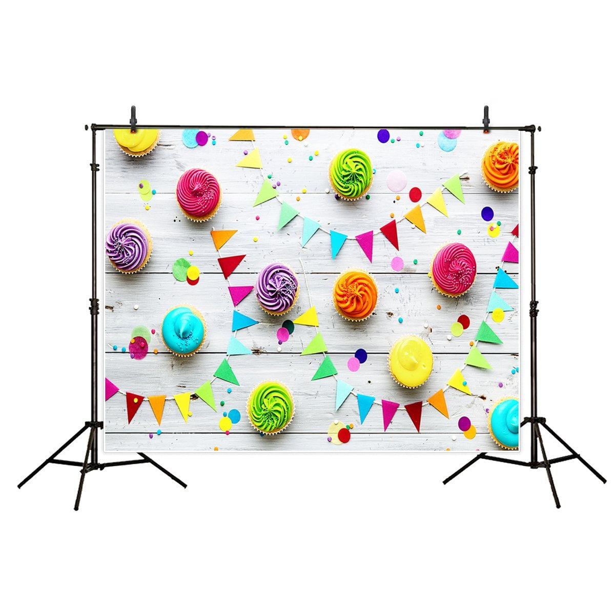 Mohome 7x5ft Birthday Celebration Backdrop Beautiful Cakes Flag Banners