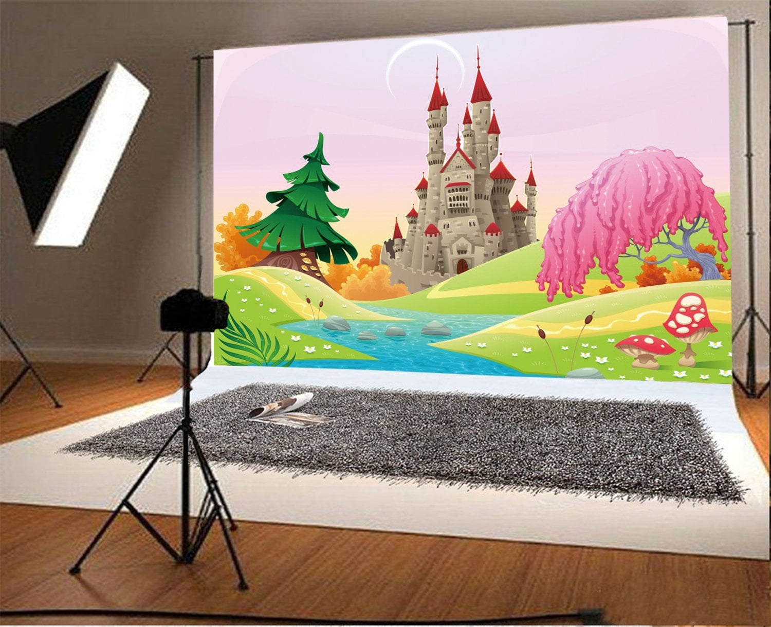 MOHome 7x5ft Castle Backdrop Fairytale Green Tree Pink Leaves River ...