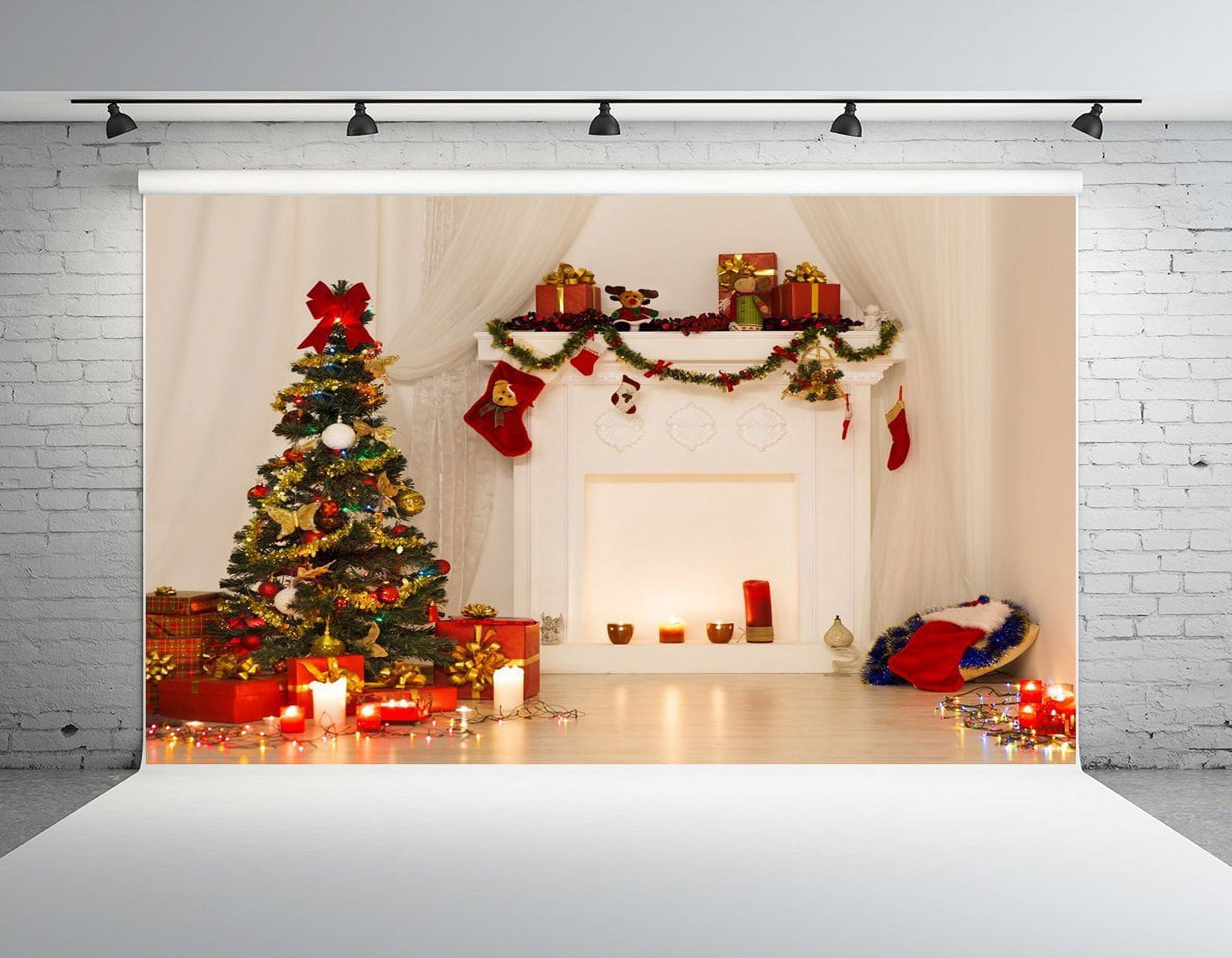 MOHome 7x5ft Christmas Backdrop Fireplace Christmas Tree Background ...