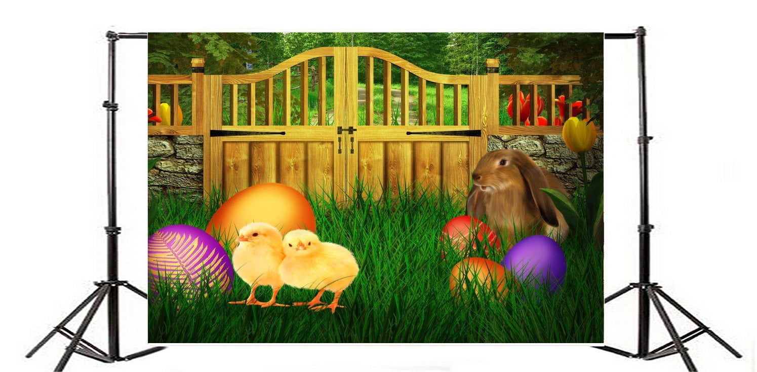 MOHome 7x5ft Happy Easter Eggs Backdrop Lovely Rabbit Chicken Wood Gate ...
