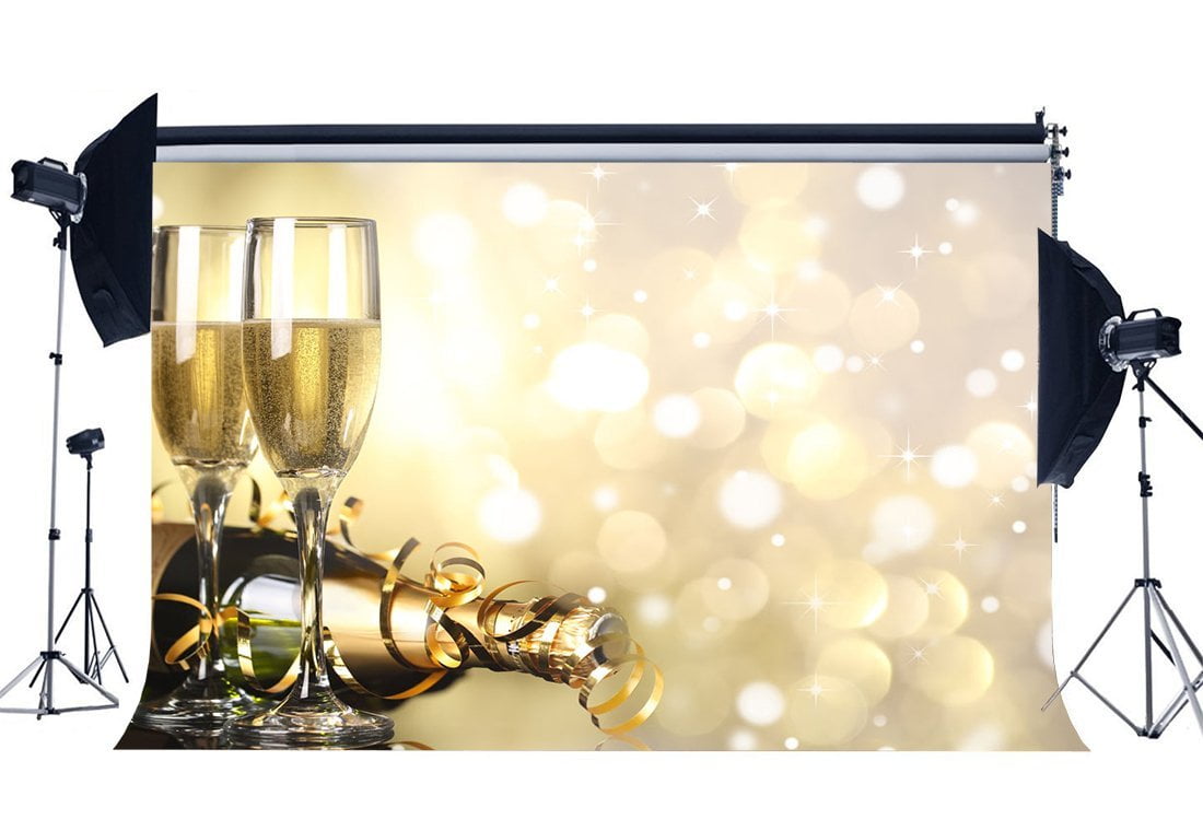 Mohome 7x5ft Happy New Year Backdrop Champagne Cheers Golden Ribbon