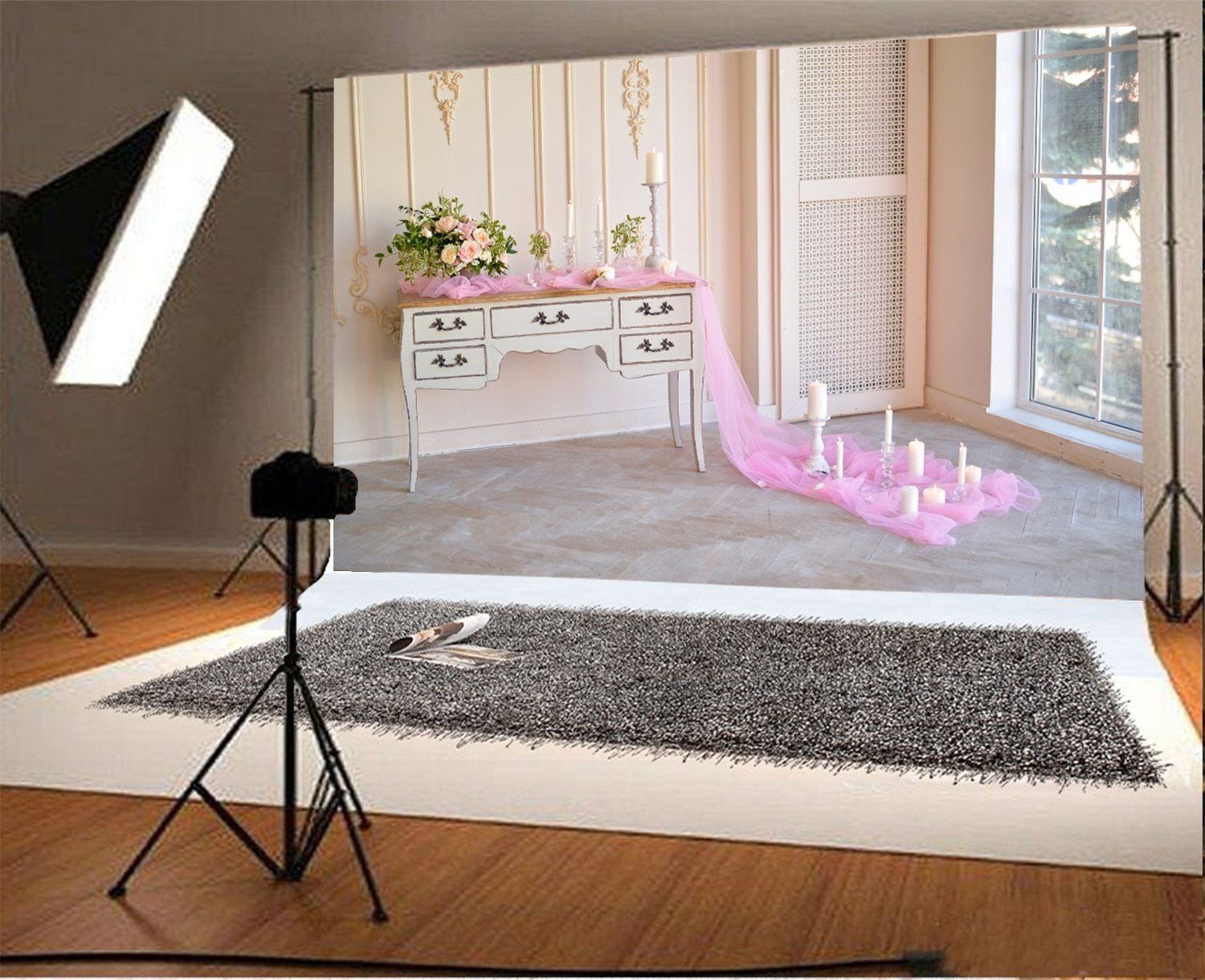 MOHome 7x5ft Interior Backdrop French Sash Candles Flowers White Table ...