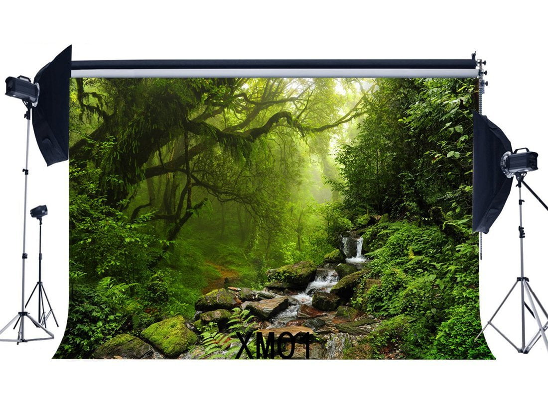 MOHome 7x5ft Jungle Forest Backdrop Spring Trees Green Leaves Cascade ...