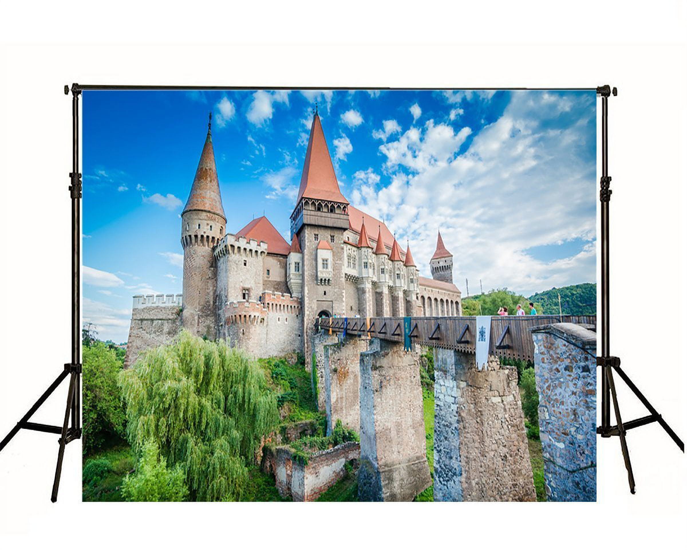 MOHome 7x5ft Long Wood Bridge Red Roof Castle Photography Backdrop Blue ...