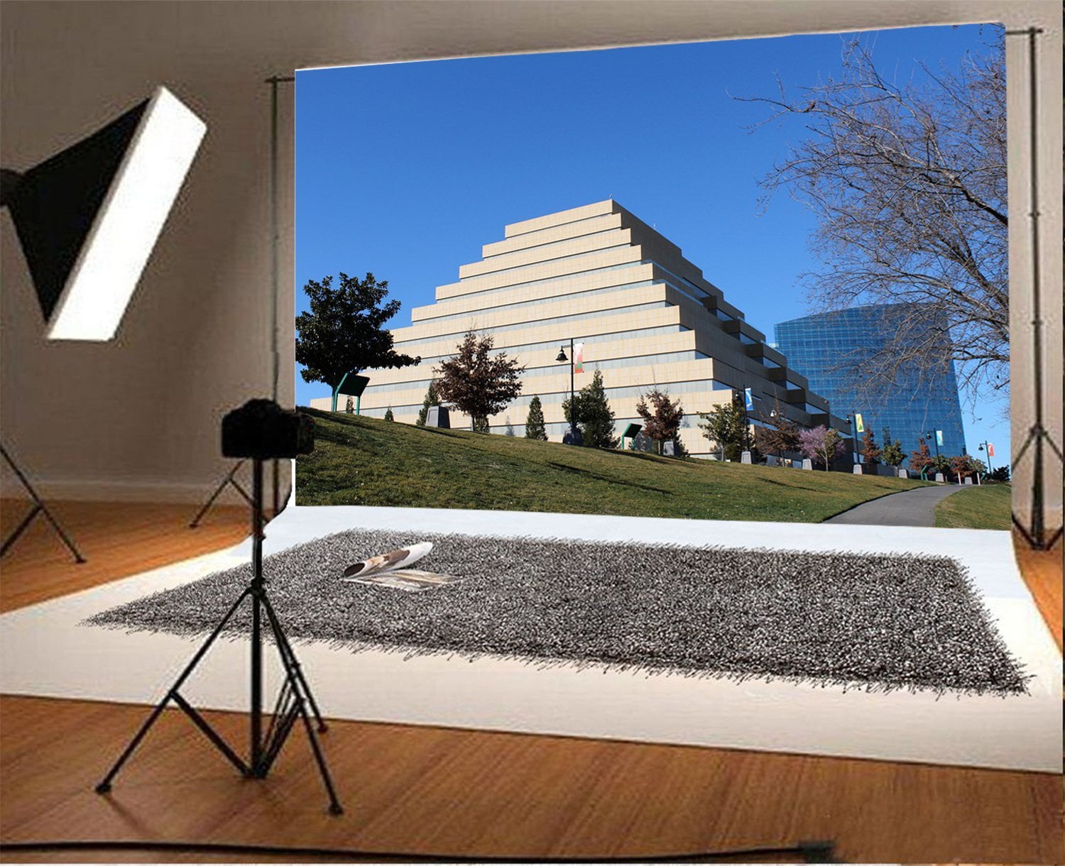 MOHome 7x5ft Nature Landscape Backdrop Modern Building Old Tree Grass ...