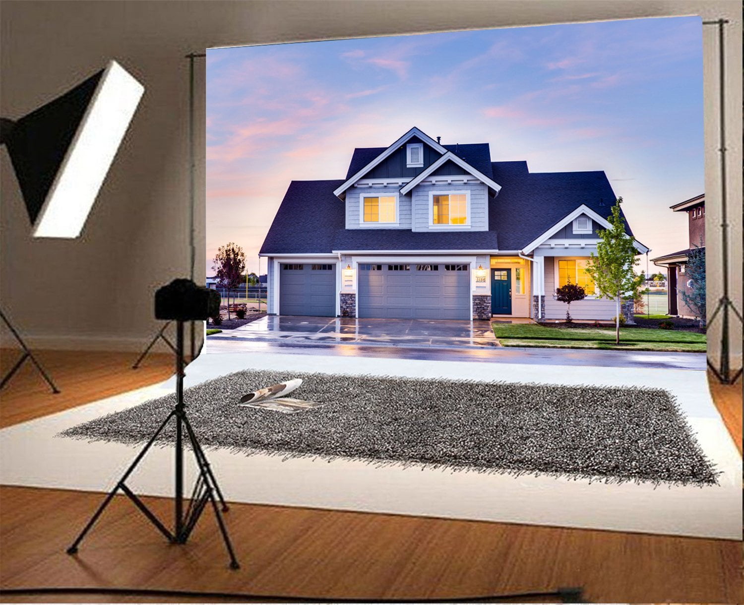 MOHome 7x5ft Rustic House Backdrop Shining Lights Green Grass Lawn Blue ...