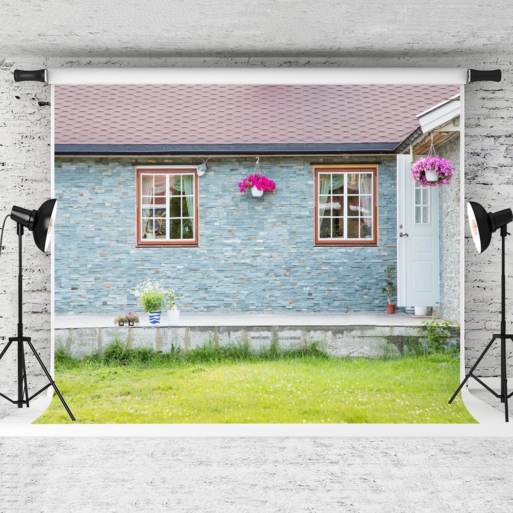 MOHome 7x5ft Spring Scenery Photography Backdrop Blue Brick Wall House ...