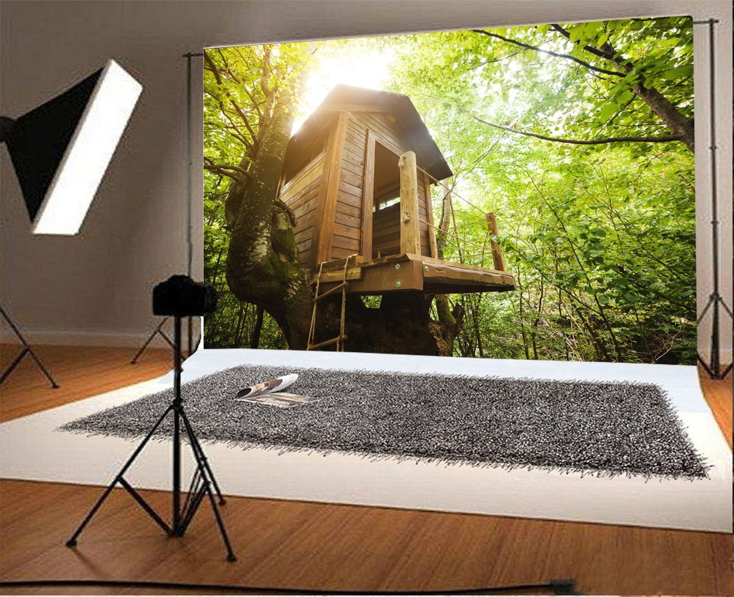 MOHome 7x5ft Treehouse Backdrop Bright Sunshine Green Trees Ladder Log ...