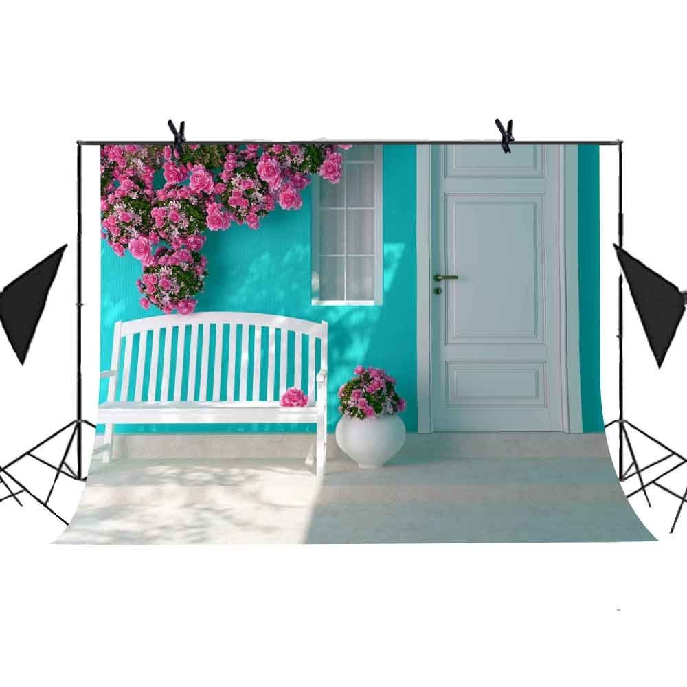 MOHome Backdrop 7x5ft Flowers Benches Blue Wall Beautiful Room Photo ...