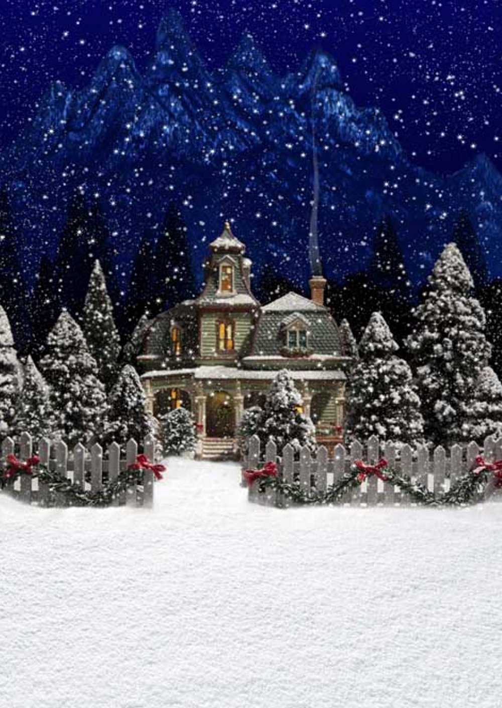 MOHome Christmas Blue Night Photo Backdrops House Xmas Tree Wood Fence ...