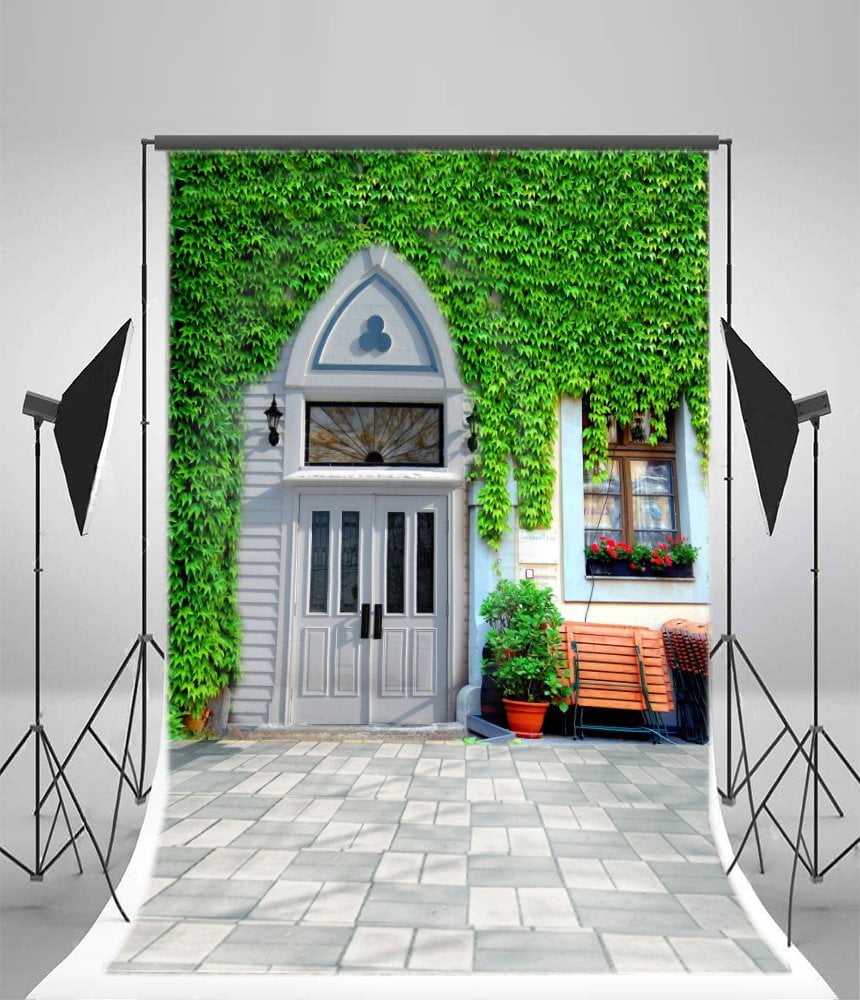 MOHome Photography Backdrop 5x7ft Green Ivy White Door Potted Plants ...
