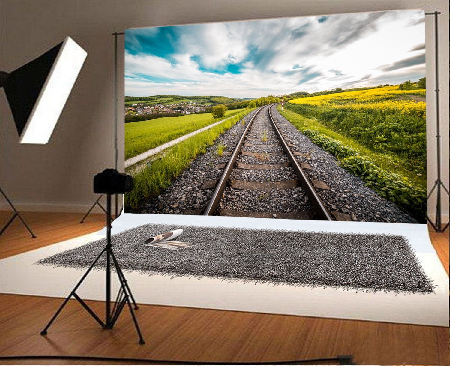 MOHome Train Track Backdrop 7x5ft Grass Land Green Fields Buildings ...